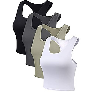 4 Pieces Basic Workout Crop Tank Tops Sleeveless Racerback Sport Tank Top for Women Yoga Running (Black, Charcoal Gray, Olive Green, Medium)