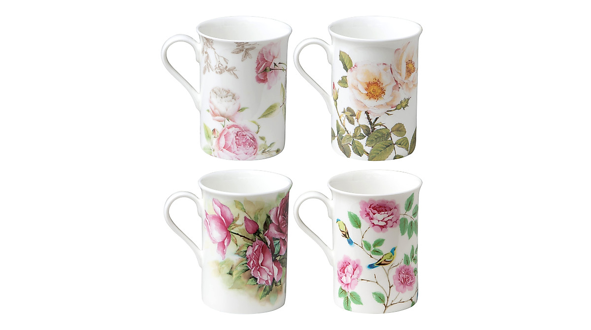 Grace Teaware Bone China Coffee Mugs Set of 4 - Rose Petal Garden