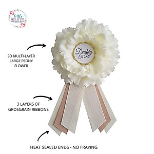 Mom To Be Sash and Dad To Be Pin By LMC | Baby Shower Belly Sash and Corsage | USA Handmade | Heat Sealed Ends | Ivory and Beige (Daddy to be pin)