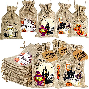 HUAERLE 25 Packs Halloween Burlap Bags, Halloween Burlap Gift Bags with Pumpkin Cards, Halloween Linen Jute Bag, 4''x6'' Drawstring Gift Bag, Trick or Treat Drawstring Bags for Halloween Party Favor