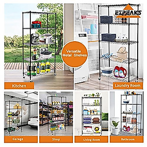 EZPEAKS 5-Shelf Shelving Units and Storage on Wheels with Shelf Liners Set of 5, NSF Certified, Adjustable Carbon Steel Wire Shelving Unit Rack for Garage, Kitchen, Office(63H X 30W X 14D)