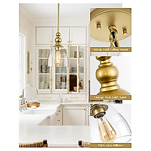 HANASS Pendant Lights, Brushed Gold Pendant Lighting for Kitchen Island, Clear Glass Pendant Light Fixtures, Hanging Light Fixtures with Adjustable Height, MD89426-A