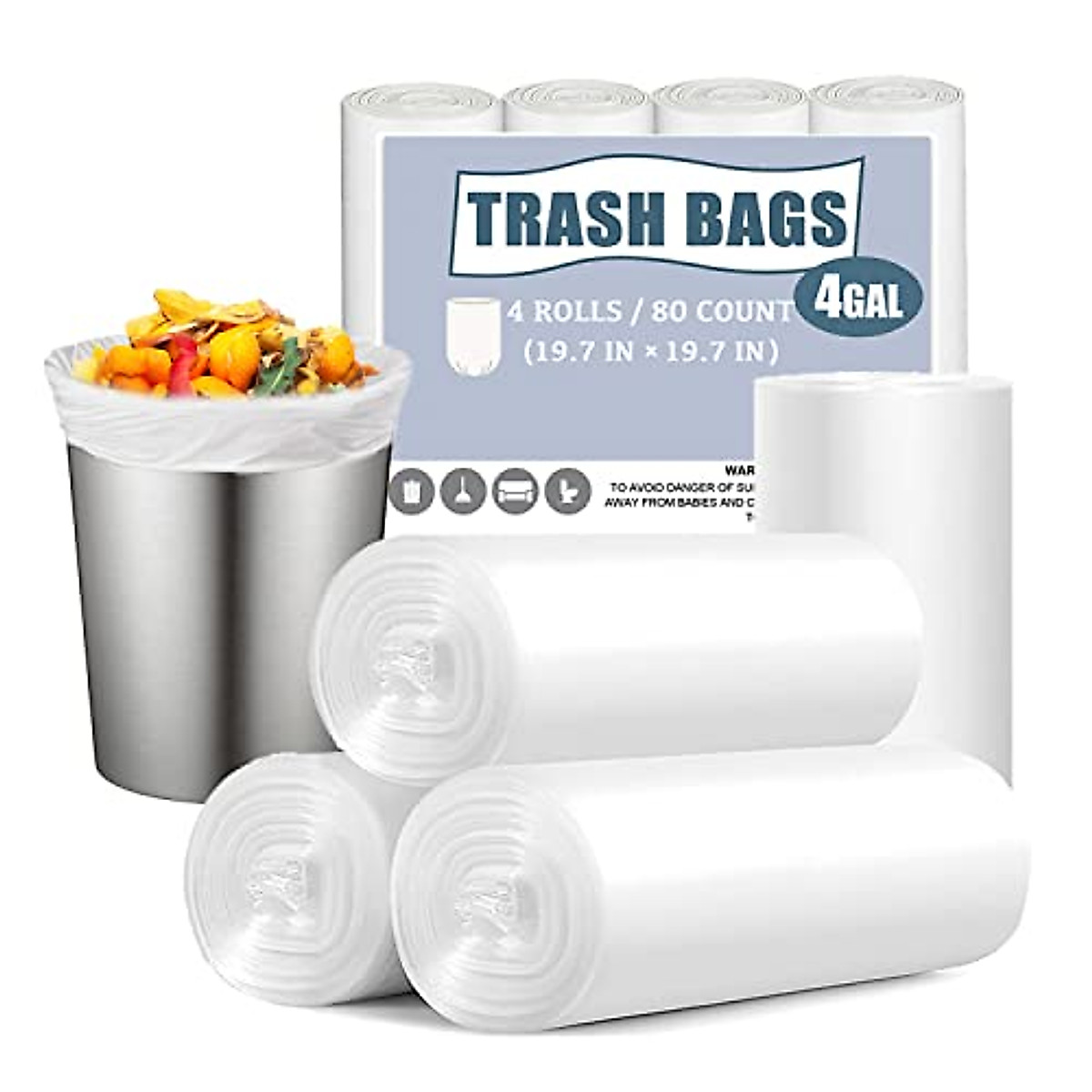 Small Trash Bags 4 Gallon - Unscented 4 Gallon Trash Bag Small Garbage Bags, Bathroom Trash Bags for Office Kitchen Bedroom, White 4 Gal Small Trash Can Liners, 80 Count