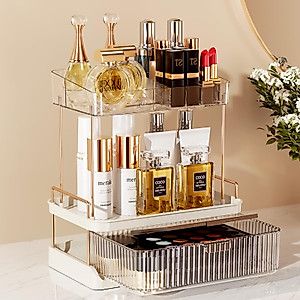 Delamu Bathroom Counter Organizer, 2 Tier Large Drawer Skincare Organizer with Compartment, Multi-purpose Makeup Organizer Countertop Exquisite, Clear