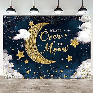 Hilioens 7×5ft We are Over The Moon Baby Shower Backdrop Moon and Stars Starry Night Celestial Background Twinkle Twinkle Little Star Baby Shower Party Decorations for Boy Photo Props
