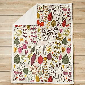Cartoon Deer Throw Blanket Colorful Leaves Watercolor Plants Graffiti Fleece Blanket for Kids Teens Adults Cute Bird Butterfly Wild Animals Rustic Bed Blanket for Bed Couch Baby 30x40