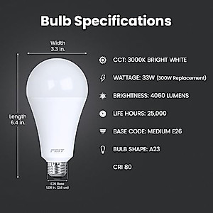 Feit Electric A23 LED Light Bulb, 300W Equivalent, Non-Dimmable, 4060 Lumens, E26 Standard Base, 3000k Soft White, High Output LED Bulb, Damp Rated, 22 Year Lifetime, OM300/830/LED