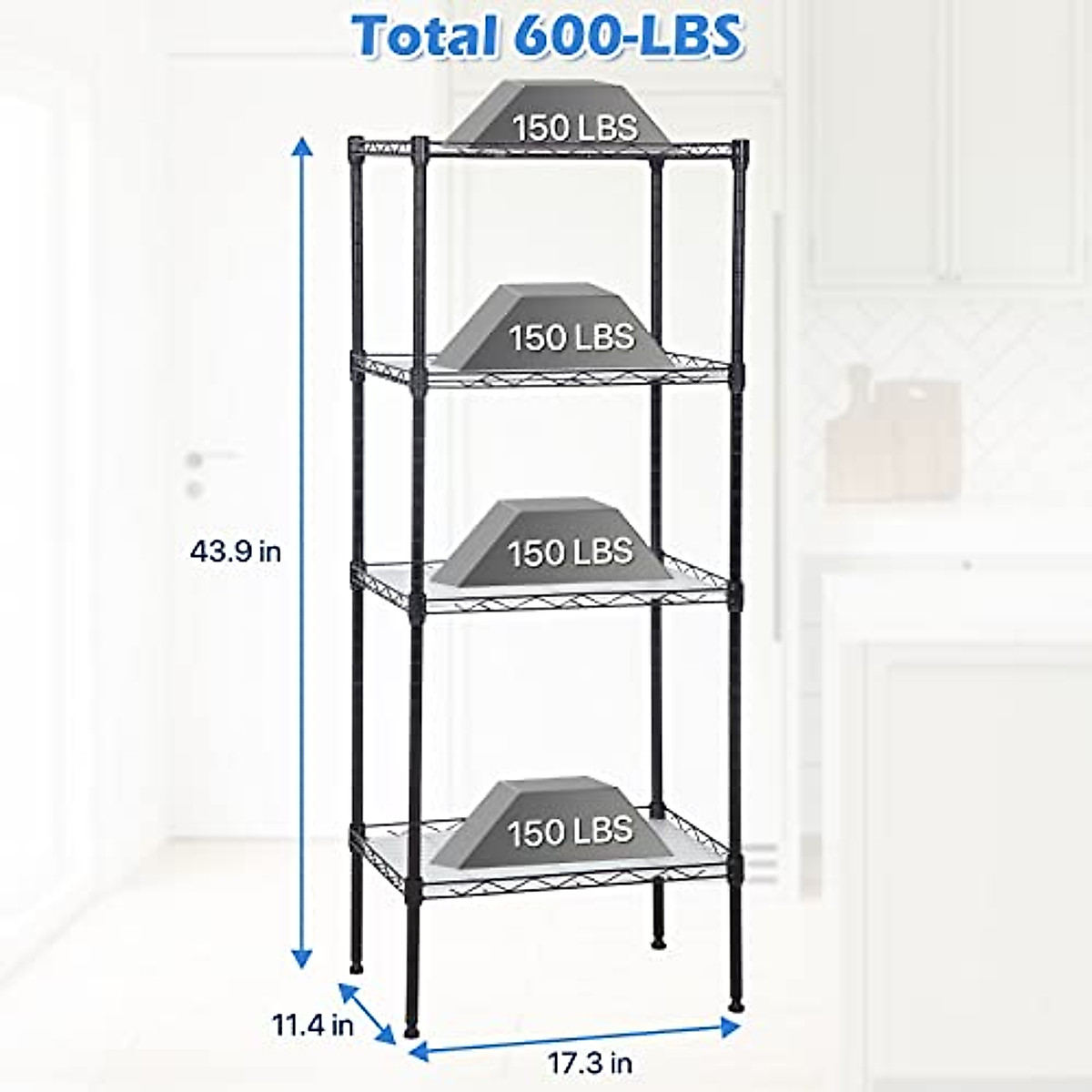 Dkelincs 4 Tier Wire Shelving Unit 18''L×12''W×44''H NSF Metal Storage Shelves Height Adjustable Wire Shelf with 4 PP Sheets for Kitchen Office Pantry Bathroom Garage, Black