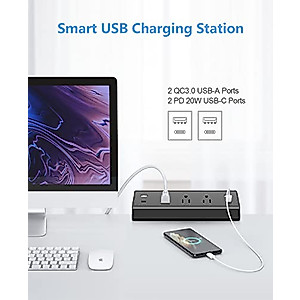 Desk Clamp Power Strip USB C,Desktop Mount Surge Protector,40W Fast Charging Station,2 PD 20W USB C Ports,3 Outlets,6FT Flat Plug,Desk Edge Power Strip for Home,Office,Fit 1.6" Tabletop Edge