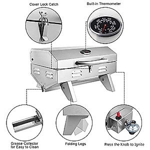 ROVSUN Portable Propane Gas Grill 12,000BTU, Tabletop Outdoor Cooking Grill for Picnic Camping RV Tailgating Patio Garden BBQ, Stainless Steel