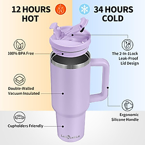 Labulabla 40oz Tumbler with Handle,Double Wall Vacuum Reusable Stainless Steel Insulated Water Bottle,With Leak Proof lid and Straw for Iced or Cold Beverages (Lavender Purple)