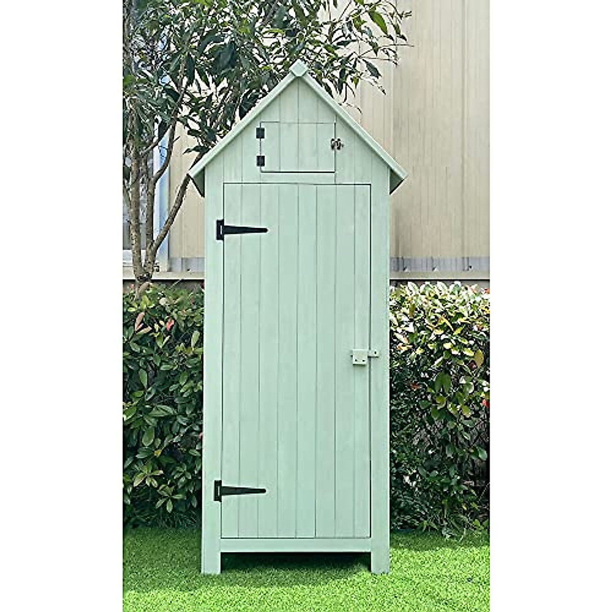 Hanover Outdoor Vertical Wooden Storage Shed for Tools, Equipment, Garden Supplies, with Shelf and Lock, 8.7 cu. ft. Capacity - HANWS0102-GRN