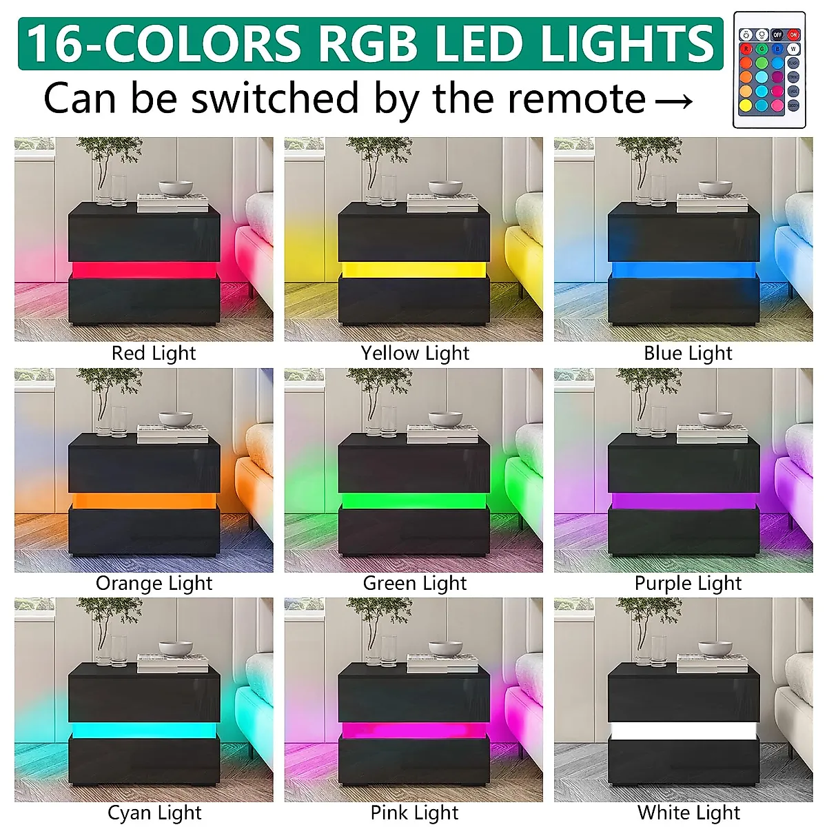 HOMMPA LED Nightstand with 2 Drawers Modern Black Bedside Table Nightstand with Storage Cabinet High Gloss Night Table with 16 Colors LED End Table Smart Nightstand for Bedroom Furniture