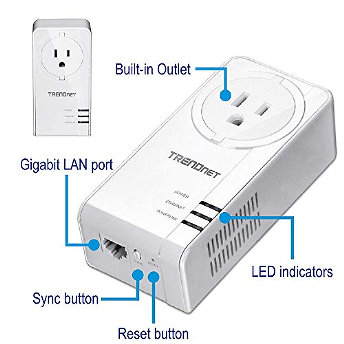 TRENDnet Powerline 1300 AV2 Adapter with Built-in Outlet Adapter Kit, Includes 2 x TPL-423E Adapters, IEEE 1905.1 & IEEE 1901, Gigabit Port, Range Up to 300m (984 ft), White, TPL-423E2K