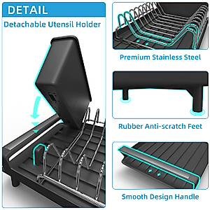 PETXPERT Dish Drying Rack, Expandable Dish Rack for Kitchen Counter with Utensil Holder, Stainless Steel Small Dish Drainer Organizer with Drainboard for Kitchen in Sink (Black)