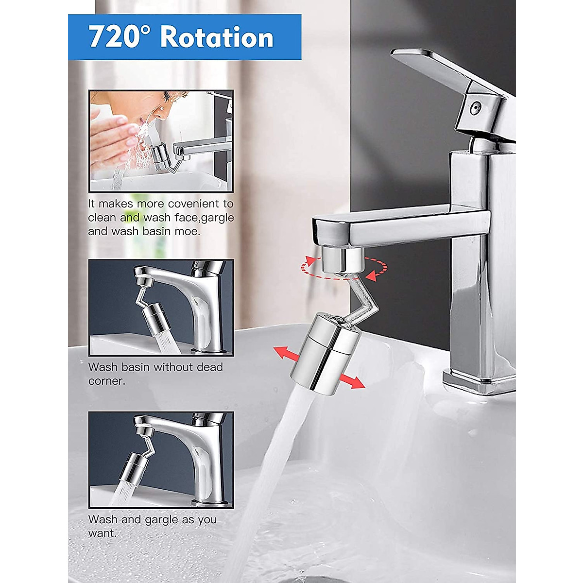PIKGOS Splash Filter Faucet, 720Degree Rotatable Faucet Sprayer Head, Anti-Splash, Oxygen-Enriched Foam, 4-Layer Net Filter Leakproof Double O-Ring Applicable Internal Thread 22-24mm -2 pack