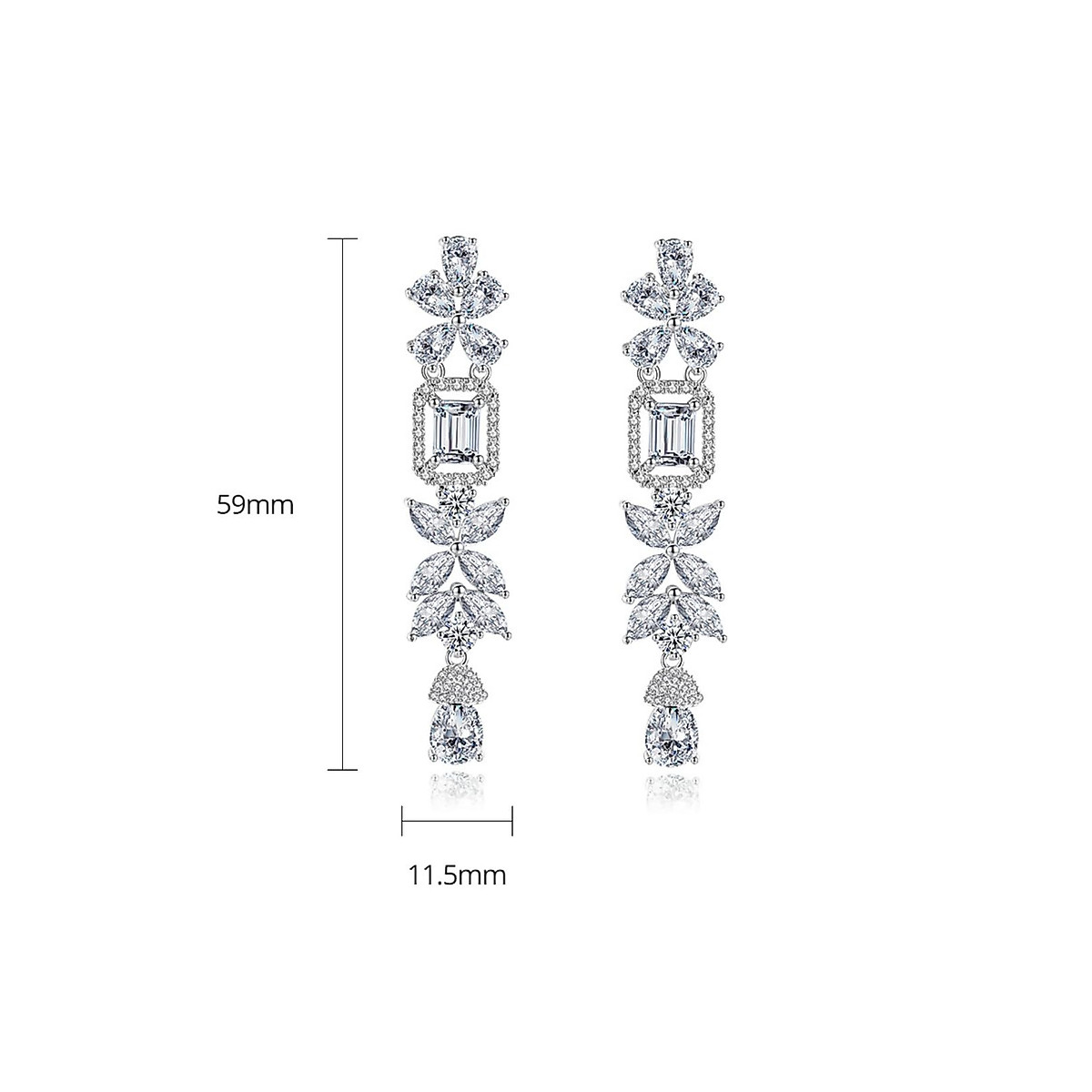 White Gold Plated Rectangle Square Shaped Crystal Wedding Bridal Bridesmaid Clear Cubic Zirconia Stud Dangle Earrings Fashion Jewelry for Women