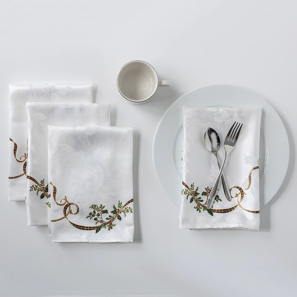 Benson Mills Merry Ribbons Engineered Printed Jacquard Fabric Cloth Napkins, for Christmas, Winter, and Holiday Tablecloths (19" x 19" Napkins Set of 4, Merry Ribbons)