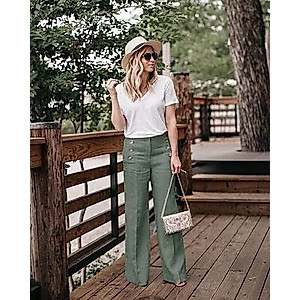 DDFS Linen Pants for Women, Summer Drawstring High Waist Linen Pants Women Wummer Cotton Linen Palazzo Pants(XL) Green