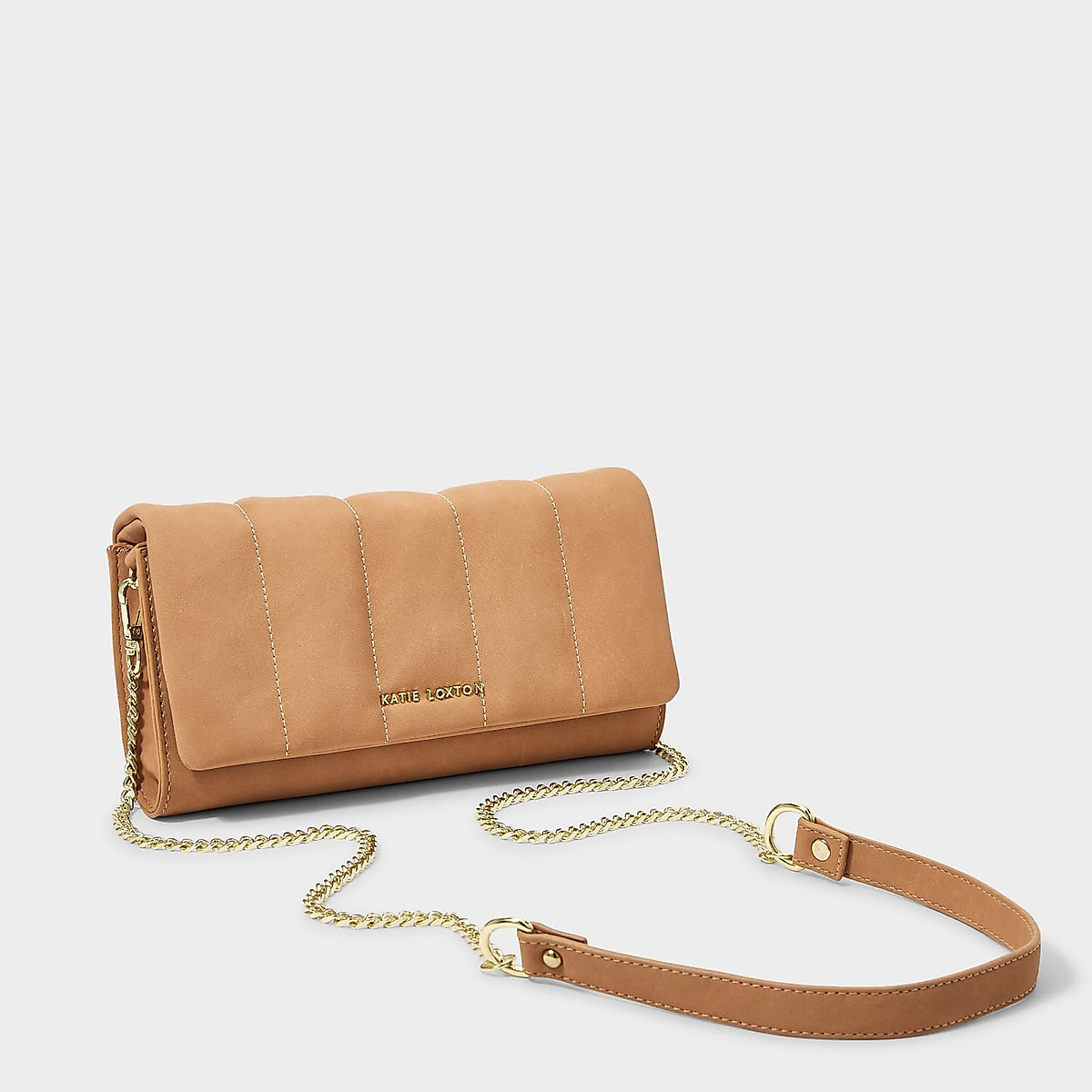 KATIE LOXTON Kayla Womens Small Vegan Leather Quilted Convertible Chain Crossbody Clutch Handbag Purse Tan