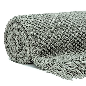 Chanasya Textured Knitted Sage Green Throw Blanket With Tassels - Soft Acrylic Bohemian Farmhouse Chic Accent Throw - Decorative for Sofa Chair Couch Bed Living Room (50x65 Inch) Boho Tan Sage Blanket