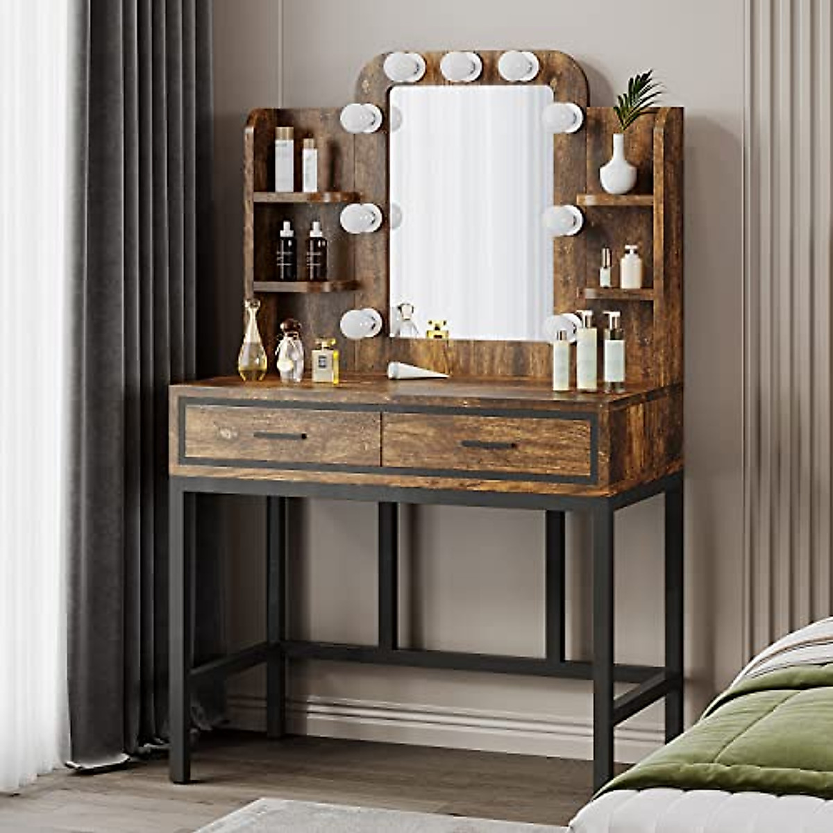 Mu Vanity Desk with Lights & Storage - Rustic Beauty Table for Bedroom