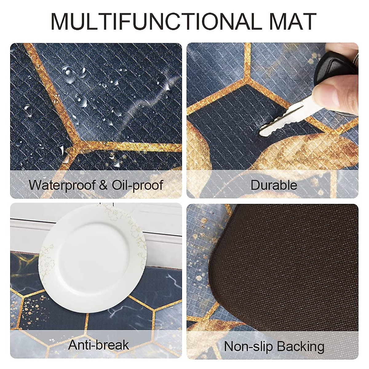 Colorful Star Geometric Marble Kitchen Mats Cushioned Anti Fatigue 2 Pieces Set Kitchen Floor Rugs Non-Slip Leather Standing Mat Comfort Runner Rug 17" Wx29 L+17" Wx47 L Hexagon Marble & Gold Leaves