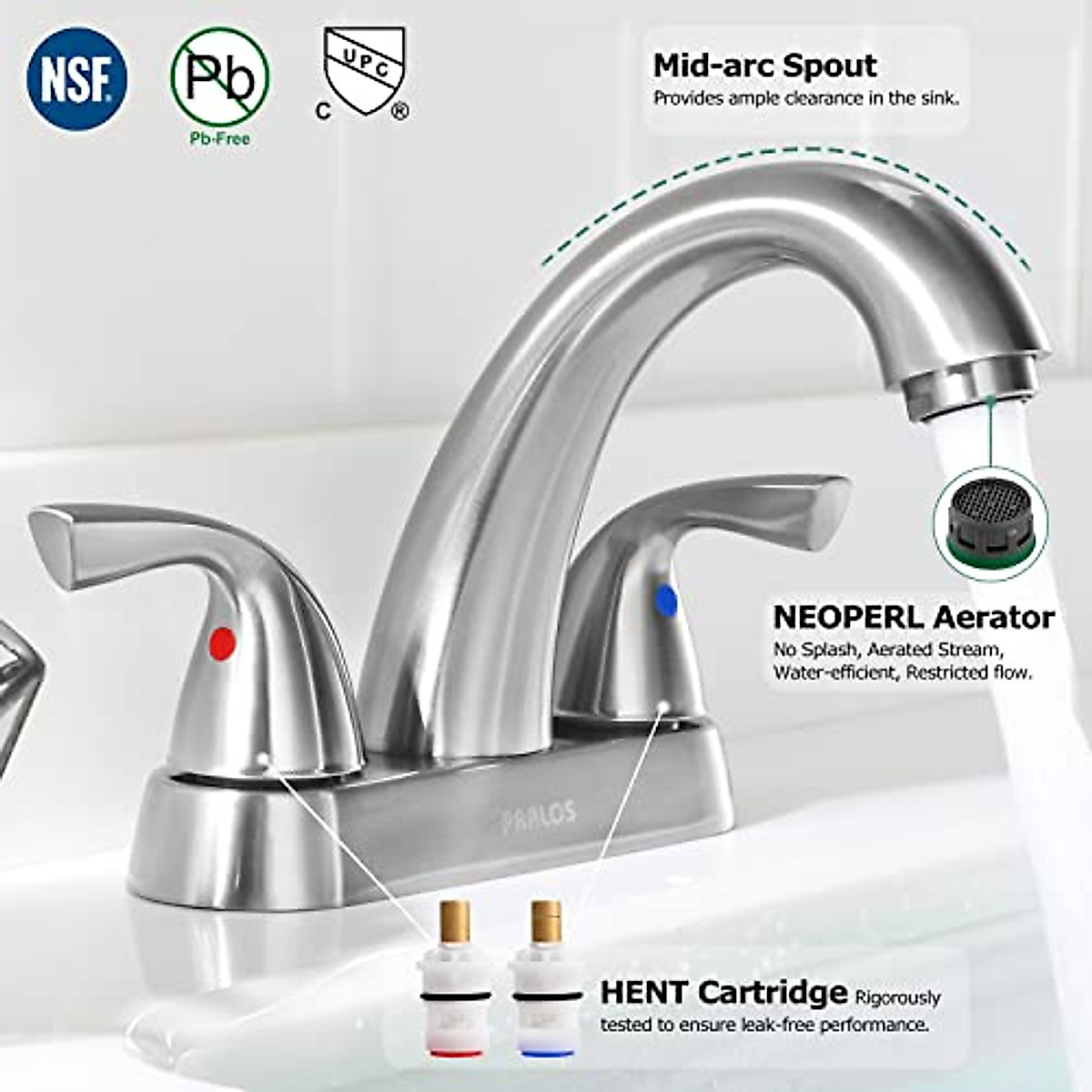 PARLOS 2-Handle Bathroom Sink Faucet with Drain Assembly and Supply Hose Lead-Free cUPC Lavatory Faucet Mixer Double Handle Tap Deck Mounted Brushed Nickel,13598