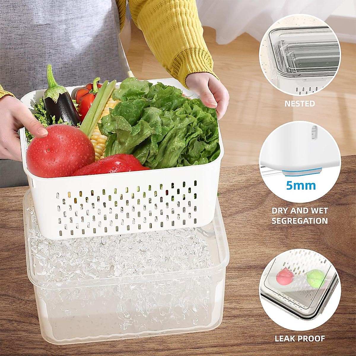 HILETY 4 PCS Fruit Storage Containers for Fridge with Removable Colander, Dishwasher Safe Produce Saver Container for Refrigerator,Airtight Food Storage Container