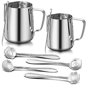 2 Pcs Milk Frothing Pitcher 12 Oz/ 350 ml 20 Oz/ 600ml Stainless Steel Milk Frother Cup with 4 Floral Dessert Coffee Spoons 2 Decorating Art Pens Silver Espresso Accessories Set for Kitchen Cafe Bar