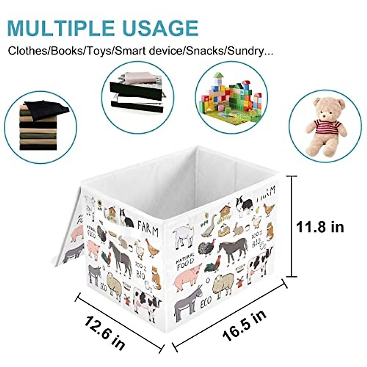 CaTaKu Farm Animals Cute Storage Bins with Lids Fabric Large Storage Container Cube Basket with Handle Decorative Storage Boxes for Organizing Clothes Shelves
