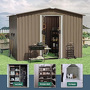 RTDTD 8FT x 6FT Outdoor Storage Shed, Waterproof, Lockable Door Metal Tool Shed with Sliding Door and Air Vents, Storage House for Gardening Tools, Metal Storage Shed for Garden, Backyard, Lawn