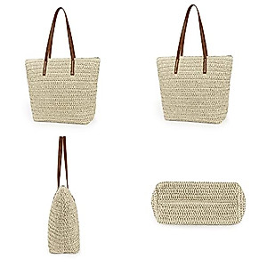 Womens Large Straw Beach Tote Bag Handmade Woven Shoulder Bag Handbag Purse for Summer (Beige)