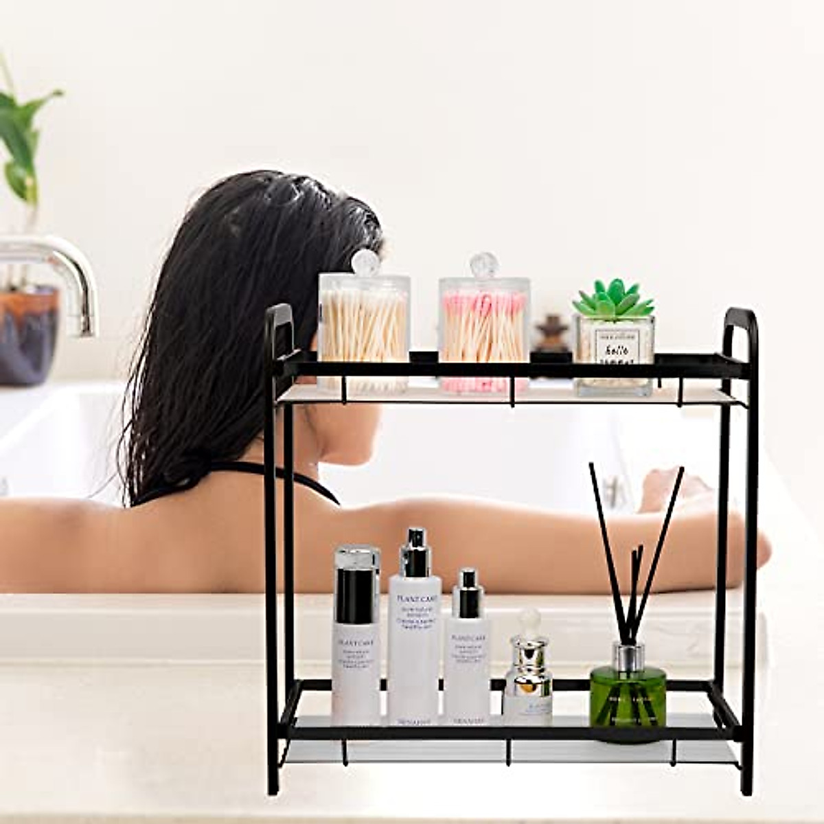 Hihotiner 2 Tier Bathroom Counter Organizer, Premium Sink Organizer Countertop, Kitchen Spice Rack Storage Shelf, Living Room Organization, Dresser Top Vanity Tray, Bedroom Storage, Black