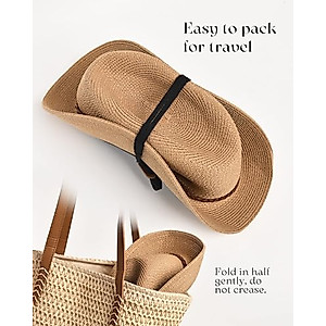 FURTALK Sun Hats for Women Summer Wide Brim UV UPF 50+ Panama Fedora Foldable Packable Straw Beach Hat Khaki