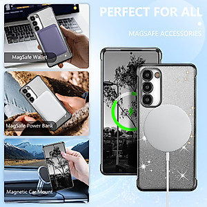 ZTOFERA Clear Magnetic Case for Samsung Galaxy S23 Plus 5G with Gradient Glitter Peice(2 in 1), Luxury Plating Cute Transparent Bling Sparke Case for Women Girls,Shockproof TPU Protector Cover-Black