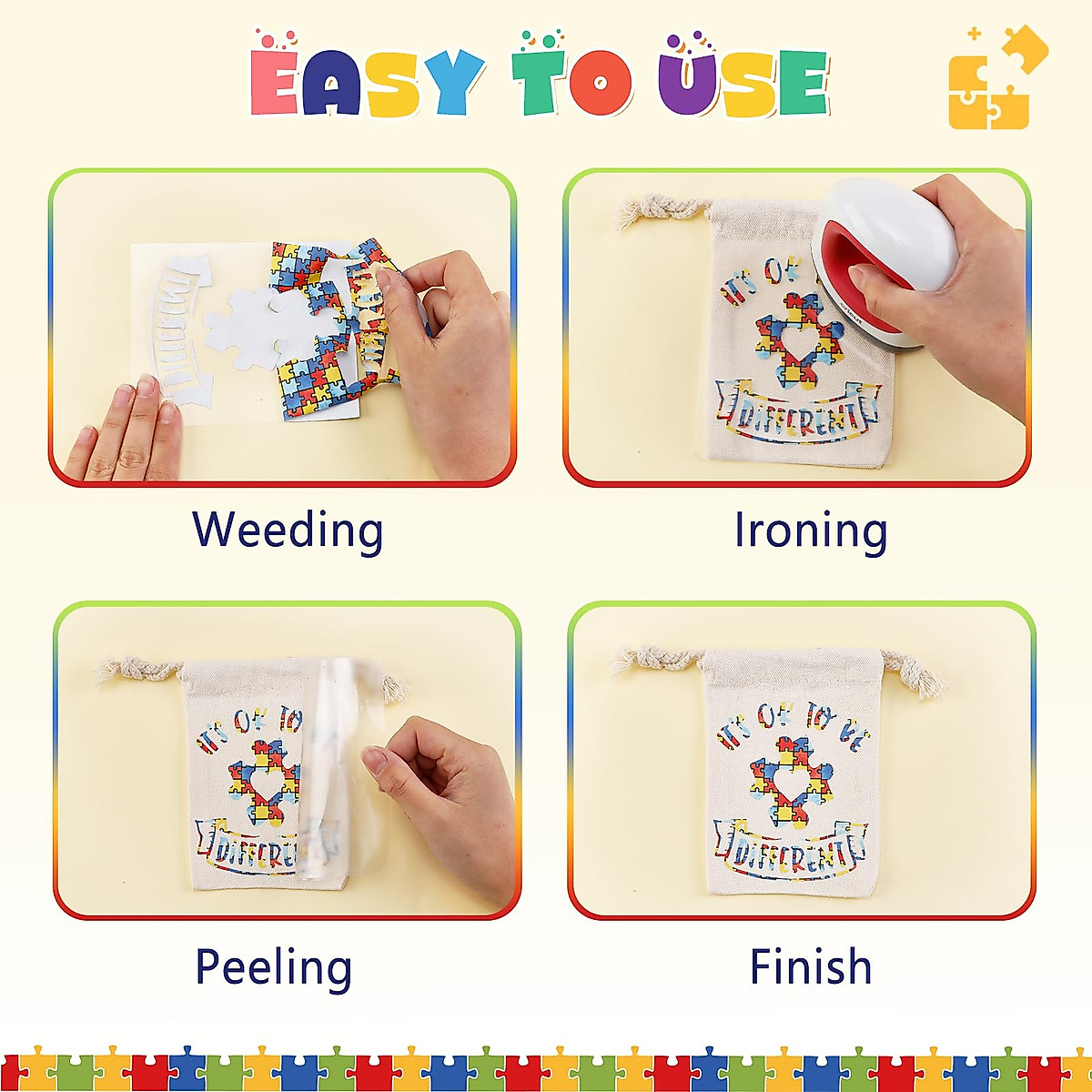 Tintnut Puzzle Pieces Heat Transfer Vinyl - 10 Sheets 10x12 Inch Autism Awareness Puzzles Craft Cutter HTV Vinyl Rainbow Color Pattern Printed Iron on Vinyl for Silhouette Cameo or Cricut