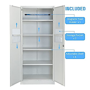 iJINGUR Metal Storage Cabinet with Locking Doors and Shelves for Garage Home Office, Lockable Tall Steel Storage Cabinets with Lock, Tool Holder and File Organizer Pocket Included (White)
