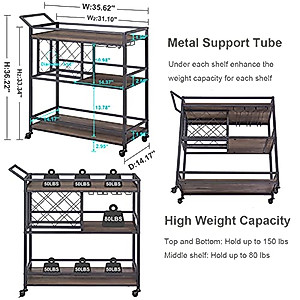 FATORRI Bar Carts for The Home with Wine Rack and Glasses Holder, Rustic Rolling Serving Cart on Wheels for Liquor and Alcohol, Wood and Metal Drink Cart and Beverage Cart (Walnut Brown)