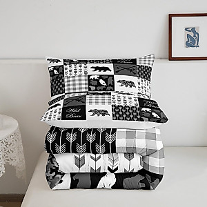 jejeloiu Bear Comforter Set Twin Size Kids Black White Buffalo Check Comforter for Boys Girls Teens Boho Arrow Camo Farmhouse Bedding Set Breathable Wild Animal Duvet Set Room Decor Quilt Set