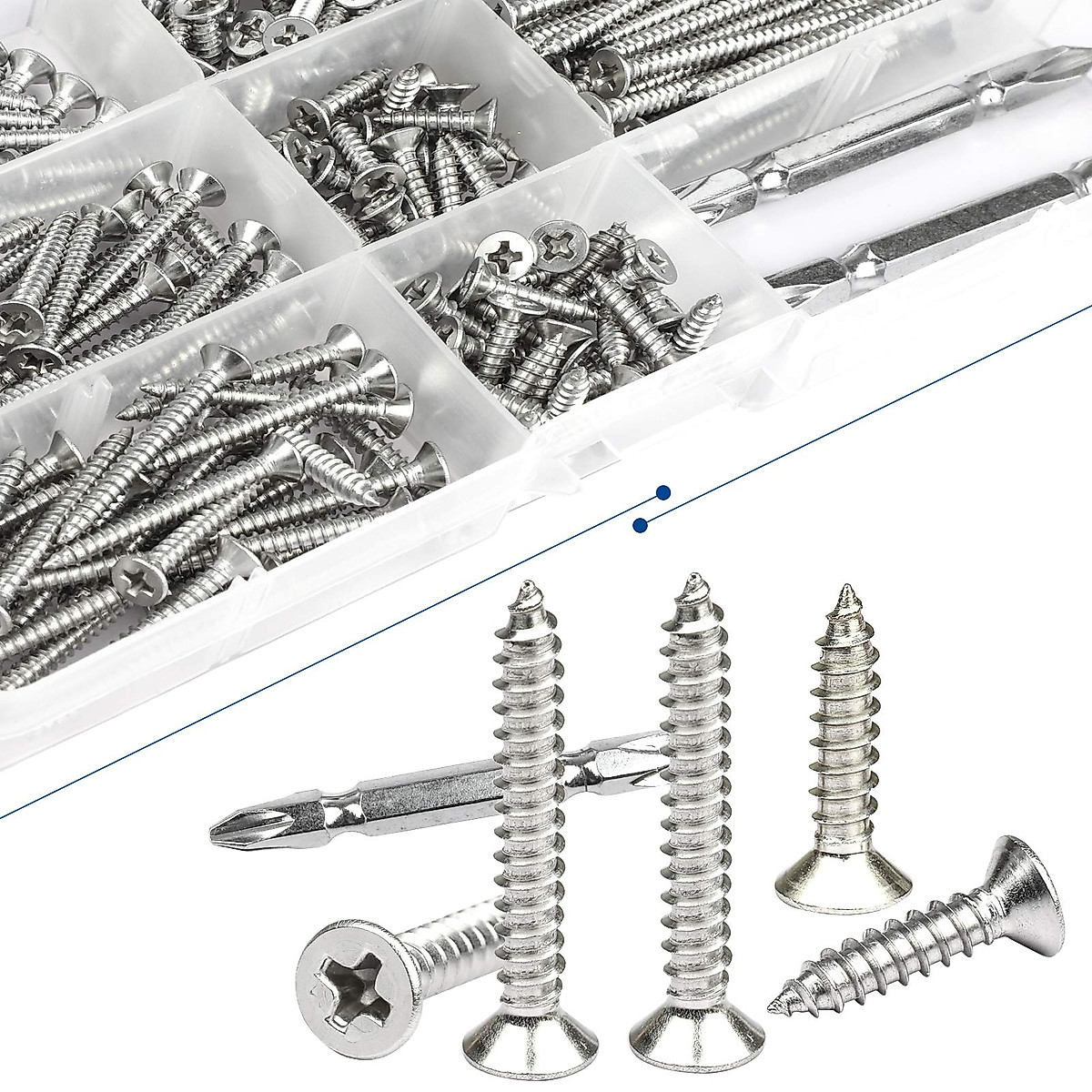NINDEJIN Flat Head Self Tapping Screws Assortment Kit, 304 Stainless Steel Wood Screws, M3.5 Phillips Drive Self Tapping Screws, 240 pcs Self-Tapping Screws Set with 2 pcs Phillips Screw Bit (12-40mm)