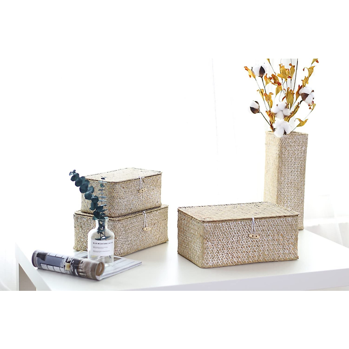 HAPYFURN Seagrass Handmade Woven Storage Basket with Lid Rectangular Natural Rattan Box for Toys Clothes Books Keys Multifunctional Makeup Organizer Set of 3 Shelf Basket