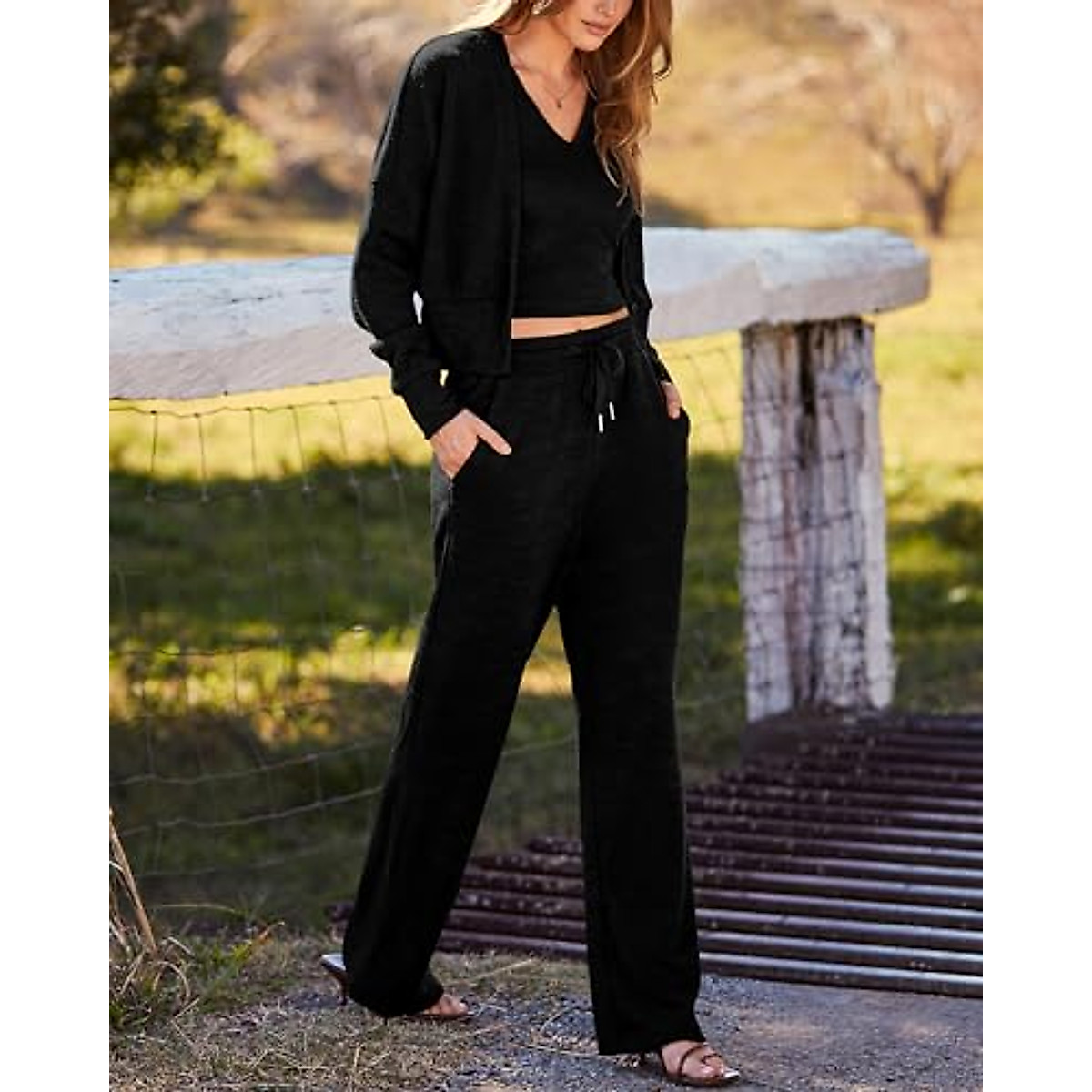 BTFBM Women's Summer 3 Piece Outfits Ribbed Knit Cardigan Cropped Tank Tops Wide Leg Pant Tracksuit Lounge Matching Sets(Solid Black, Medium)