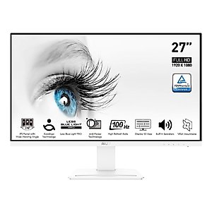 MSI Pro MP273AW, 27" Monitor, 1920 x 1080 (FHD), IPS, 100Hz, TUV Certified Eyesight Protection, 4ms, Displayport, HDMI, Tilt, White