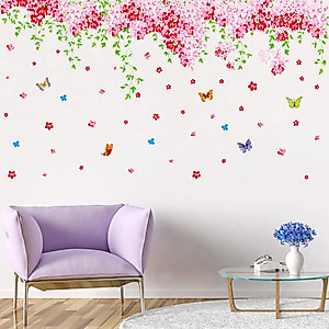 RW-239 Pink Flowers Wall Decals 3D Warm Peach Blossom Wall Stickers DIY Removable Butterfly Cherry Floral Green Tree Leaf Wall Art Decor for Kids Girls Bedroom Living Room Nursery Decoration