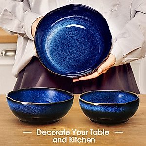 3 Pieces Ceramic Salad Bowls Ramen Bowls Blue Mixing Bowls Porcelain Serving Bowls Ceramic Microwave and Dishwasher Safe for Soup Pasta Noodles Salad Nesting Bowls, 13 Oz 27 Oz 47 Oz