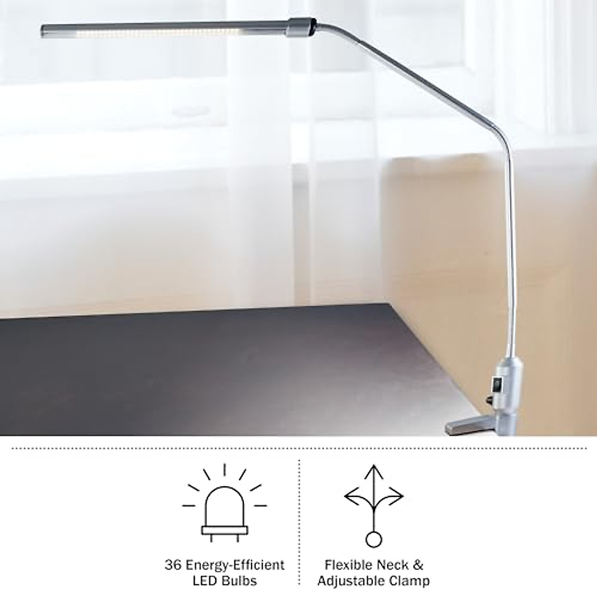 Desk Lamp with Clamp - Modern Contemporary LED Clip on Light for Desk or Table - Accessories for Home Office or Dorm Room by Lavish Home (Silver)