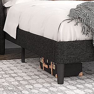 Einfach King Size Platform Bed Frame with Wingback Headboard/Fabric Upholstered Mattress Foundation with Wooden Slat Support, Dark Grey