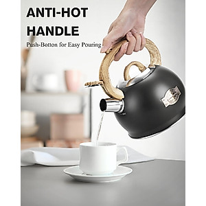Hauce Radio Tea Kettle Stovetop, Black Tea Kettles-2.1 Quart Loud Whistle Stovetop Teapot,Food Grade Stainless Steel with Wood Pattern Handle, Unique Button Control Kettle Outlet for Tea, Coffee