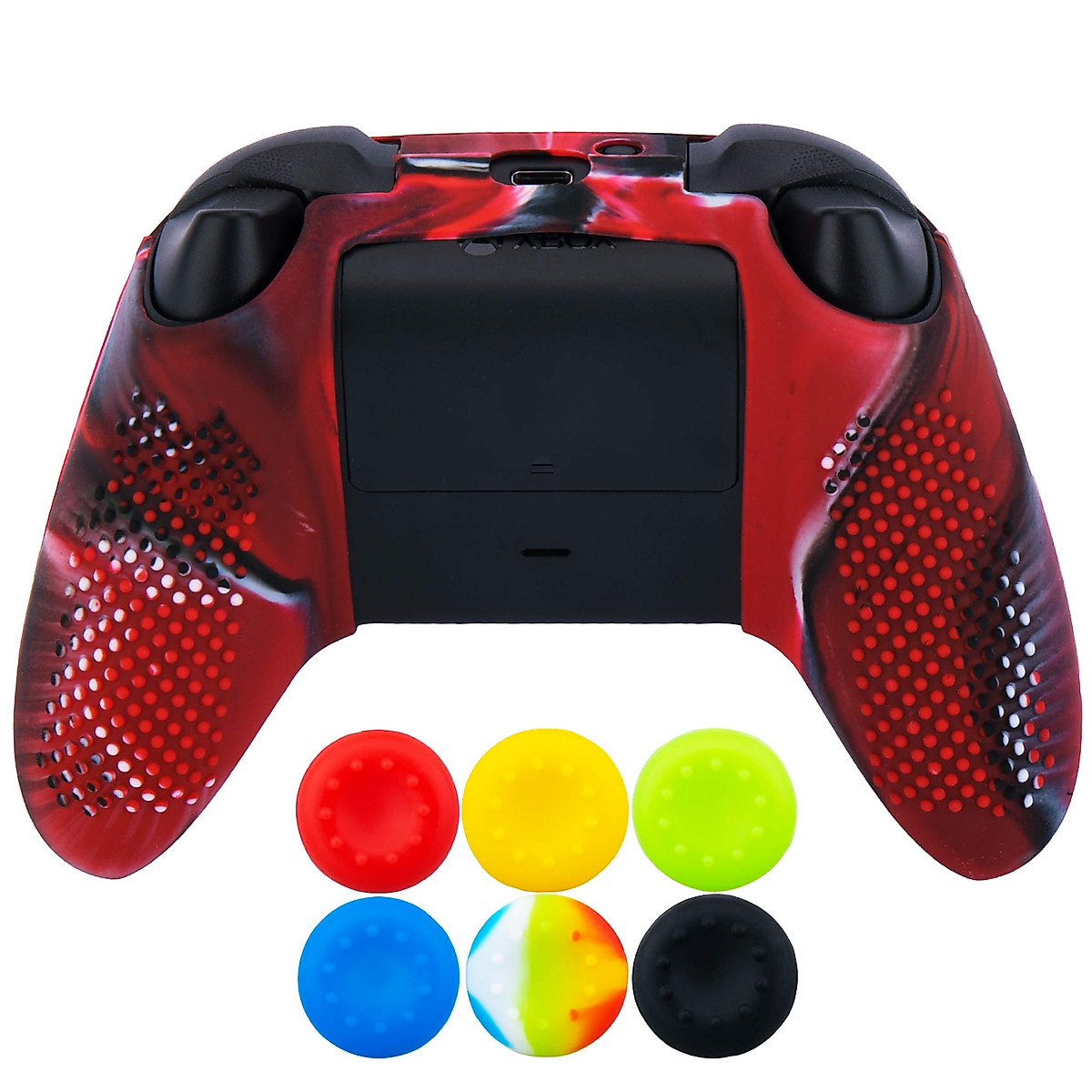 9CDeer 1 Piece of Silicone Protective Cover Skin + 6 Thumb Grips for Xbox Series X/S Controller Camouflage Red